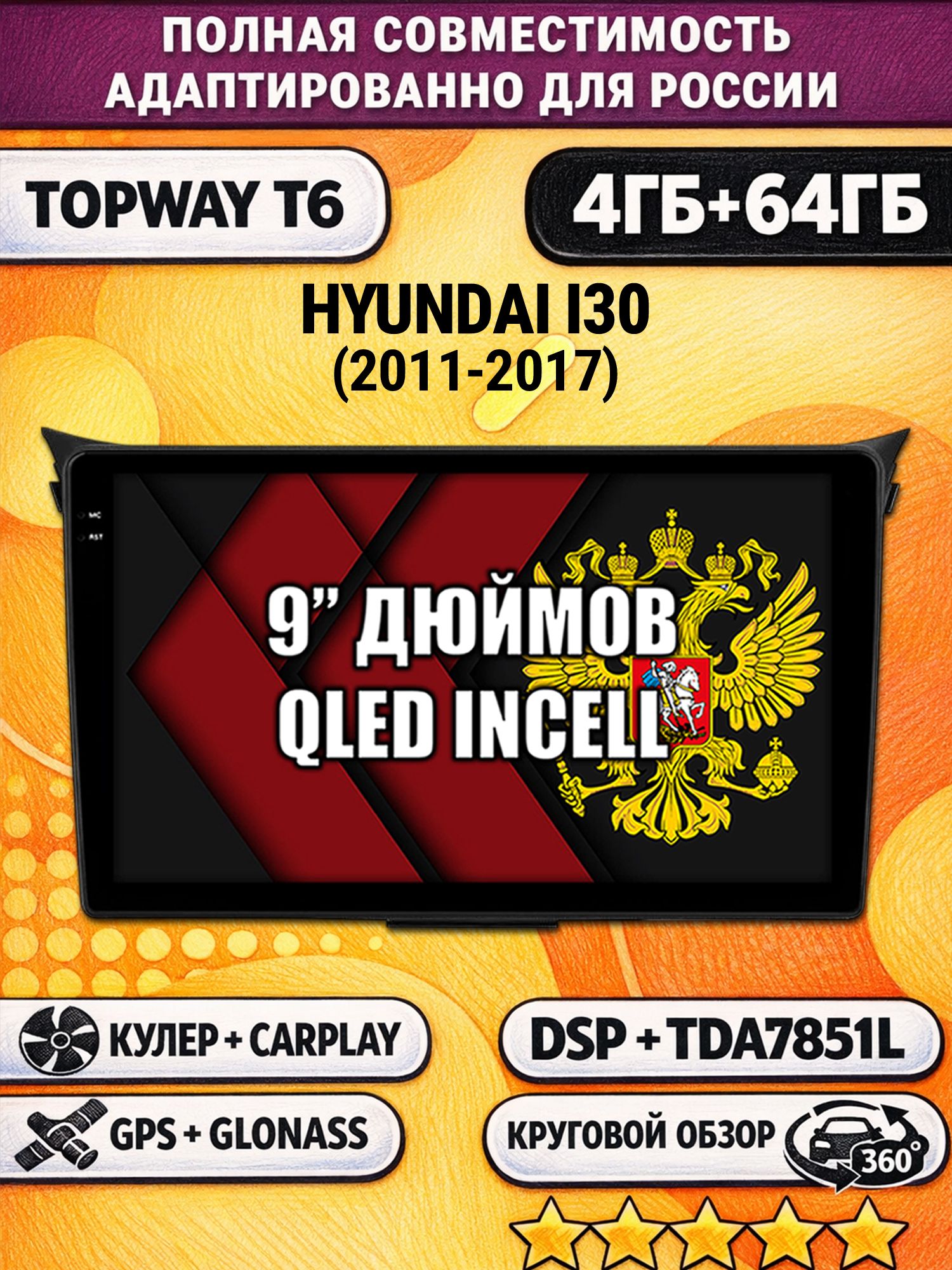 4ГБ+64ГБ магнитола для HYUNDAI I30 (2011-2017), 360 обзор, DSP, беспроводной CarPlay/Android Auto, GPS/ГЛОНАСС