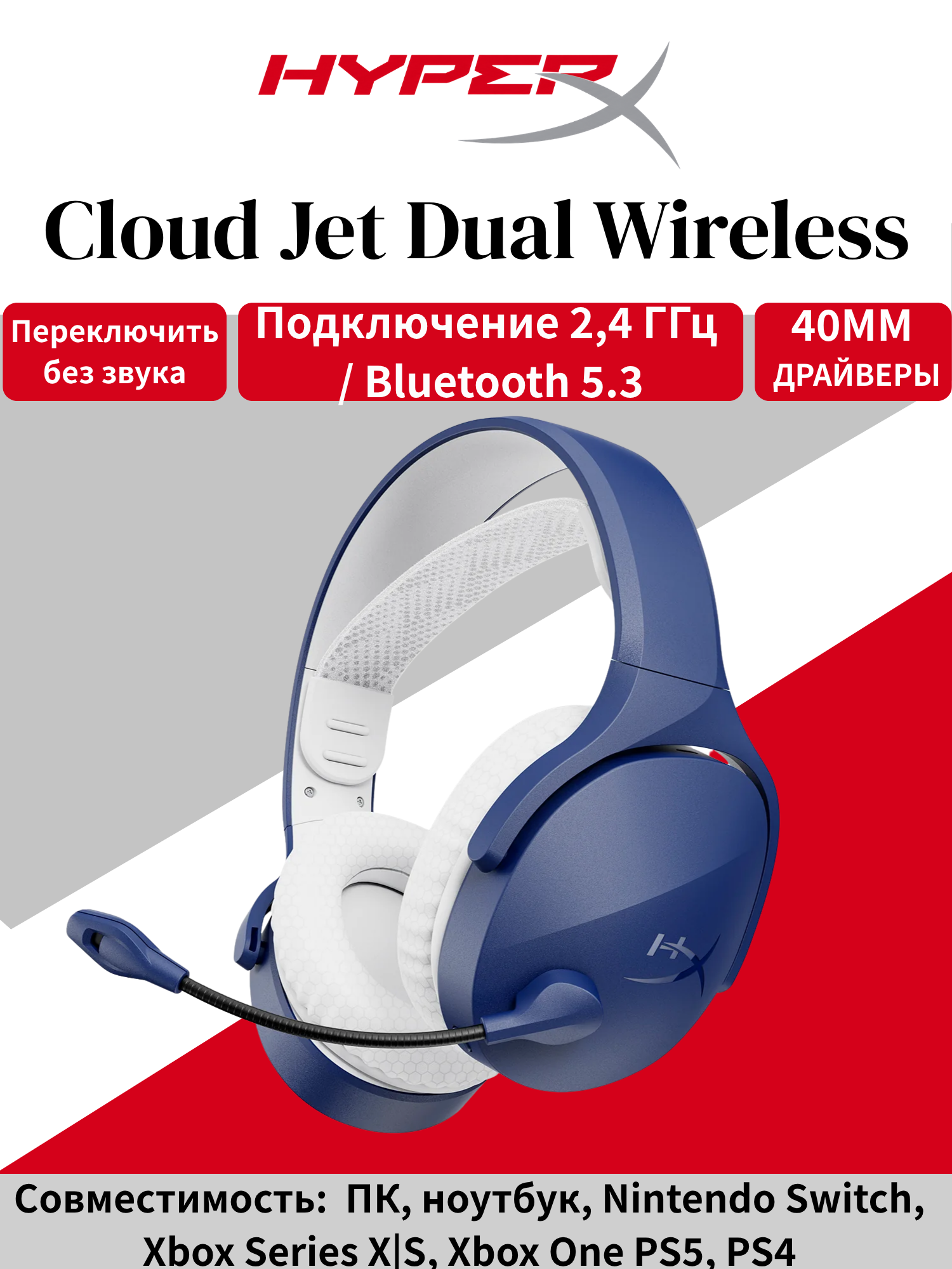 Игровые наушники беспроводные полноразмерные HyperX Cloud Jet Dual Wireless с микрофоном для компьютера , синий