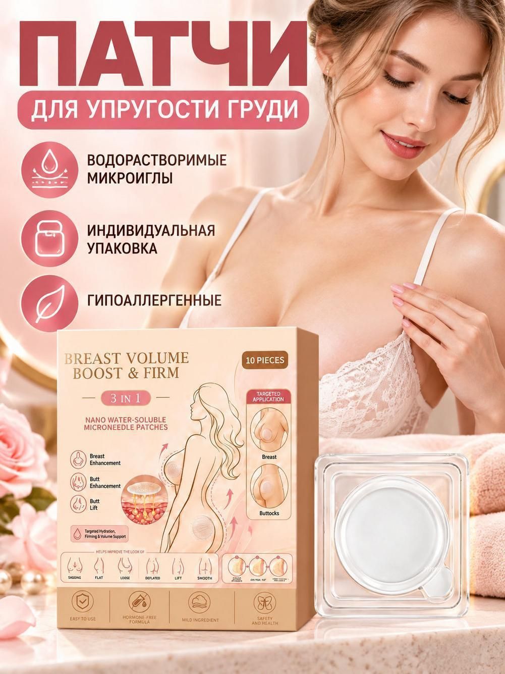 Микроигольные пластыри для груди 3 в 1, укрепляющие и наполняющие кожу коллагеном