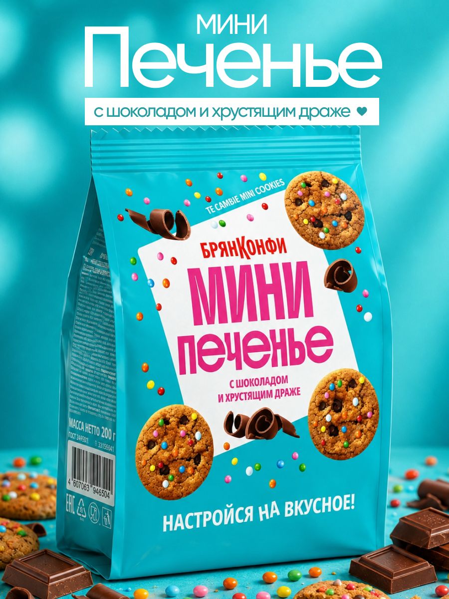 Печенье сдобное брянконфи Mini Cookies с шоколадом и хрустящим драже, 200 г