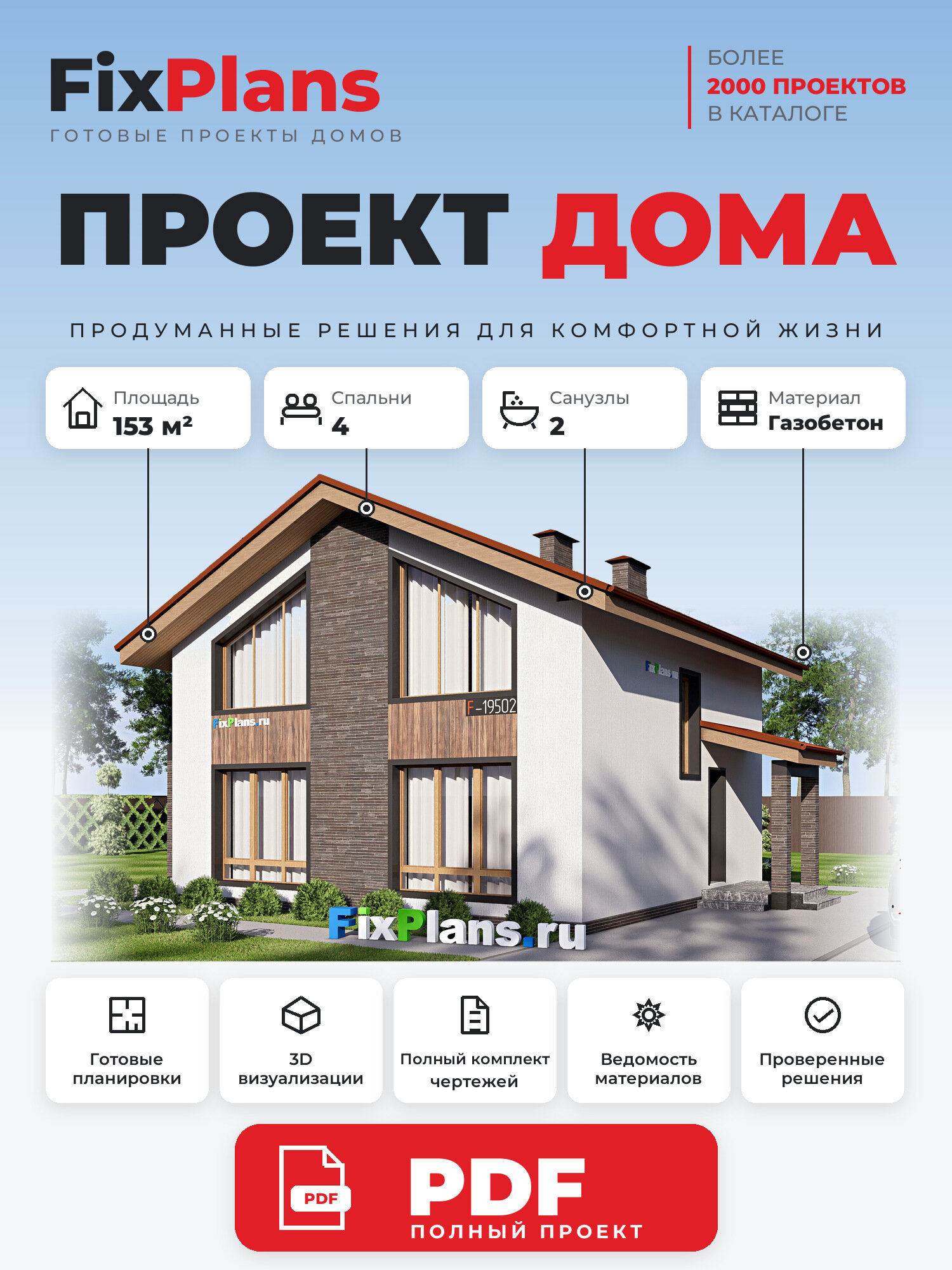 Проект дома FIXPLANS. Одноэтажный с мансардой. Площадь 152.94 м2 F-19502 Размер 13.635 х 9.61