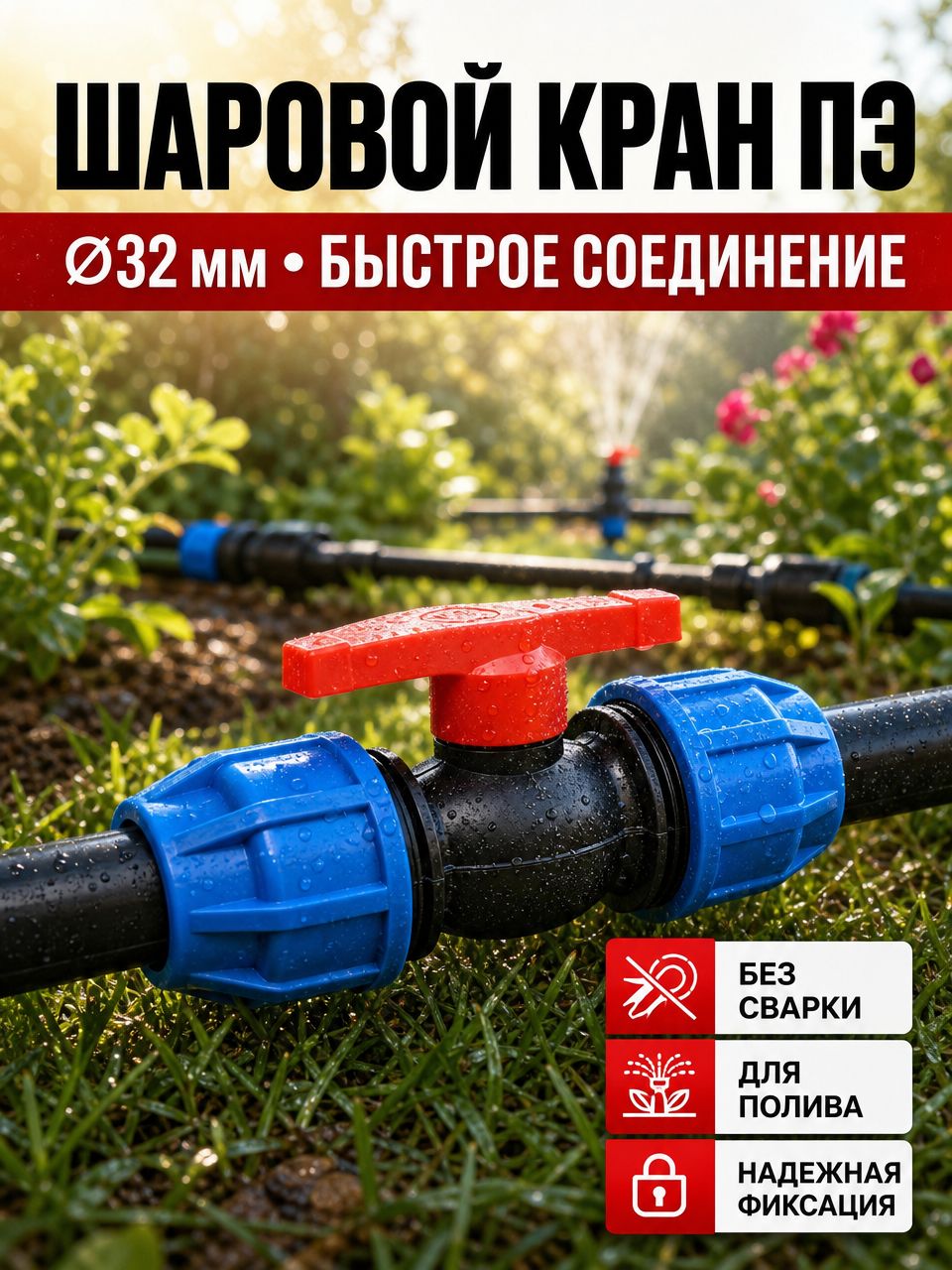 Двухсторонний шаровой кран ПНД 32мм для воды,1 штуки
