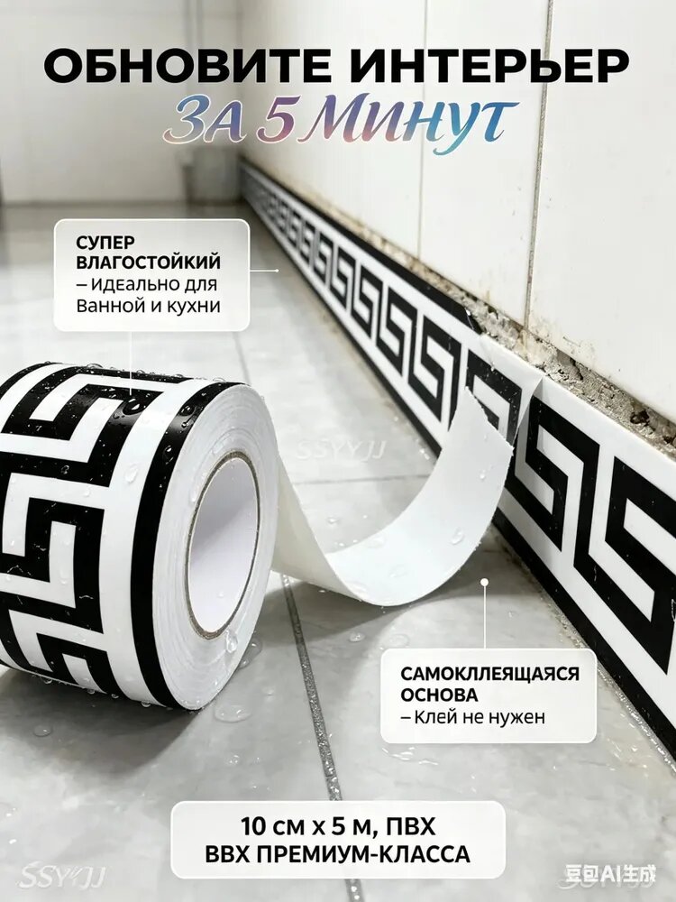 Наклейка-плинтус самоклеящаяся ПВХ, влагостойкая, толщина 1 мм, греческий узор, черно-белая, 5 м х 10 см, для ванной и кухни