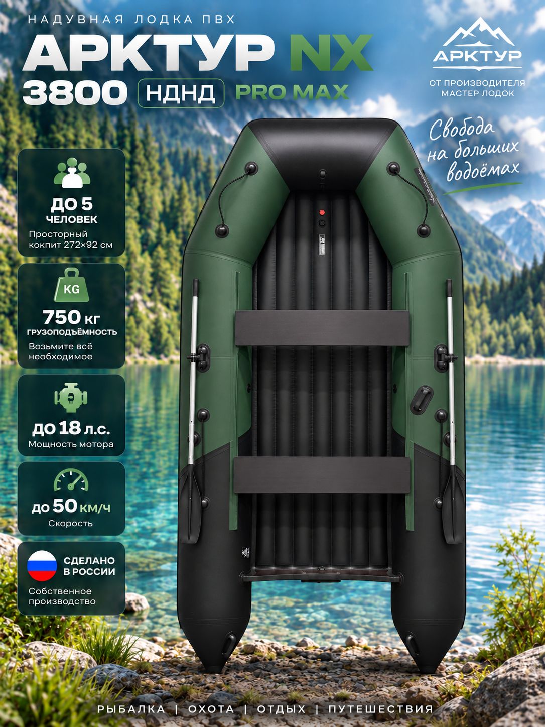 Лодка ПВХ моторная НДНД для рыбалки Арктур NX 3800 PRO MAX зеленый