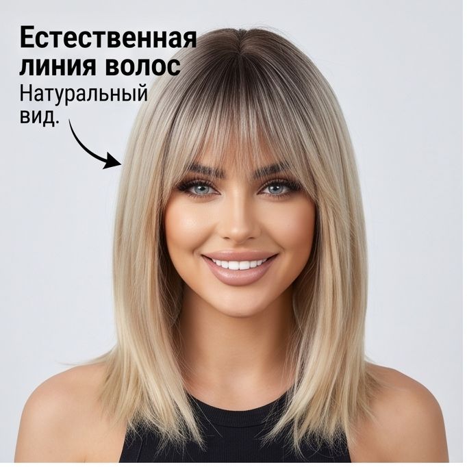 Парик женский полный набор средние прямые волосы каскад с ровной челкой, визуально сужает лицо, для повседневности и праздников_темно-бежевый