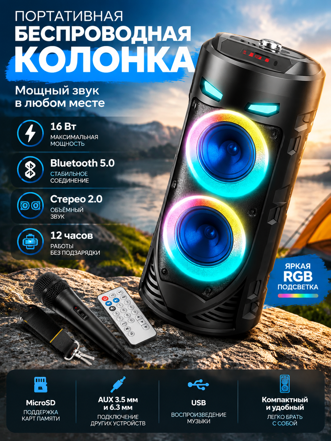 Портативная беспроводная колонка 16 Вт, Bluetooth 5.0, стерео 2.0, FM и MicroSD