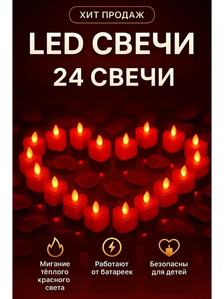 LED свечи в форме сердца, набор 24 шт