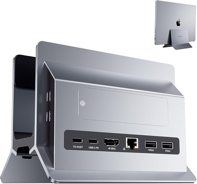 PULWTOP это вертикальная док-станция для MacBook mini с корпусом для M.2 NVMe SSD. Она также совместима с MacBook Pro/Air и поддерживает разрешение 4K@60Hz, HDMI, два порта USB-C 10 Гбит/с и т. д.