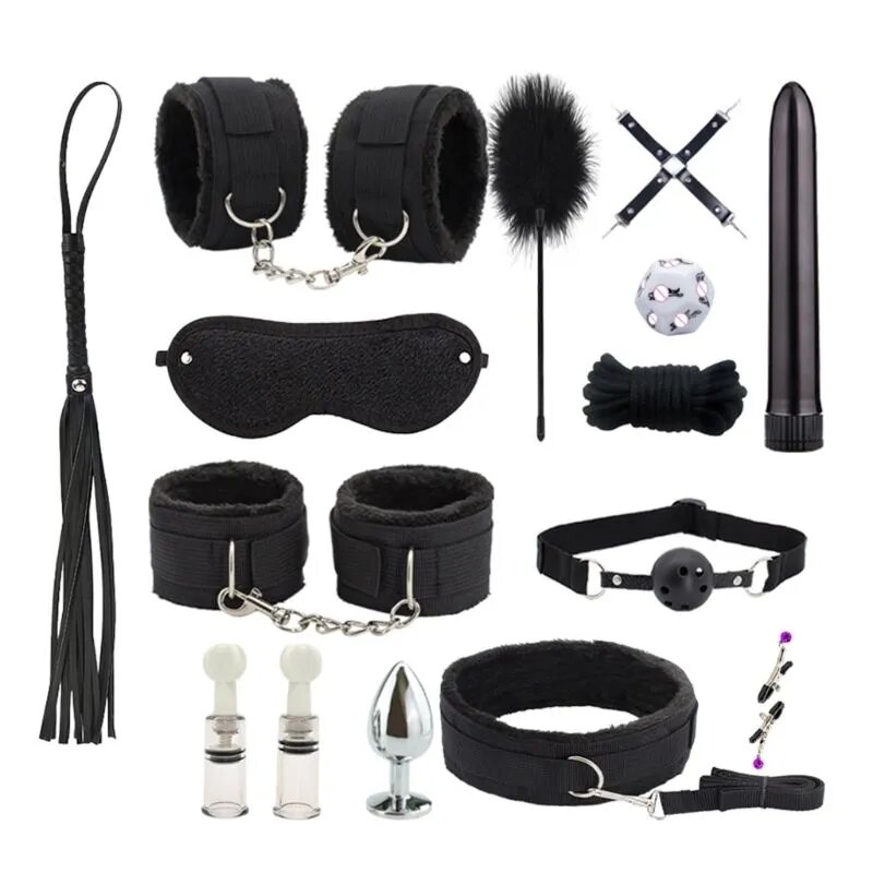 Sexy Salve Extreme 15-Piece Restraints Kit Under Bed Bondage Ankle Wrist Cuff Restraint Set with Mouth Gag Butt-Plug, Черный