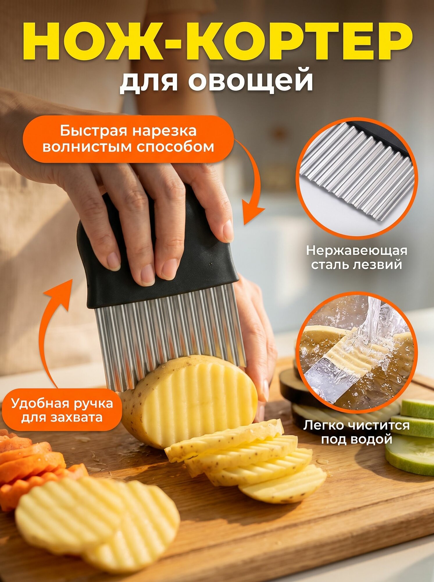 Нож для фигурной нарезки овощей и фруктов волнистый, рифленый, кухонный / картофелерезка для фри