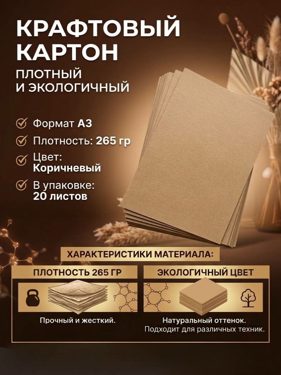 Картон крафтовый толщина 0.46 мм, плотность 265 г/м2, А3 20 листов