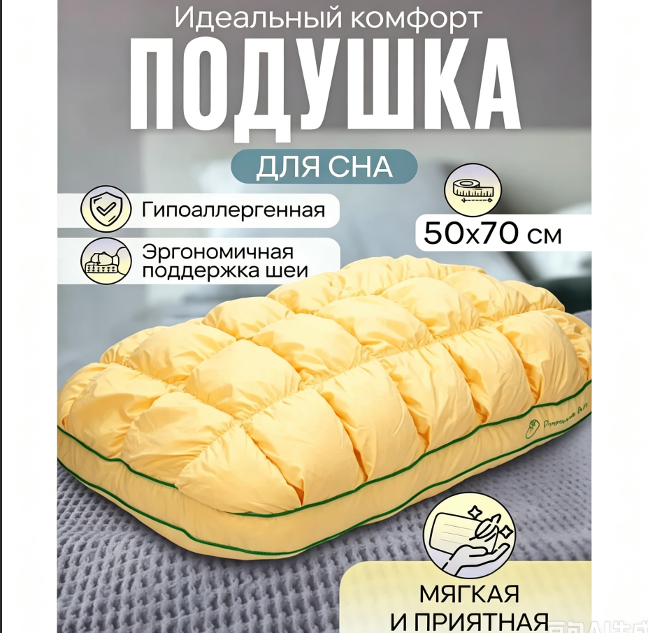 Подушка для сна Pineapple, 50х70, мягкая, упругая, гипоаллергенная в чехле, желтая
