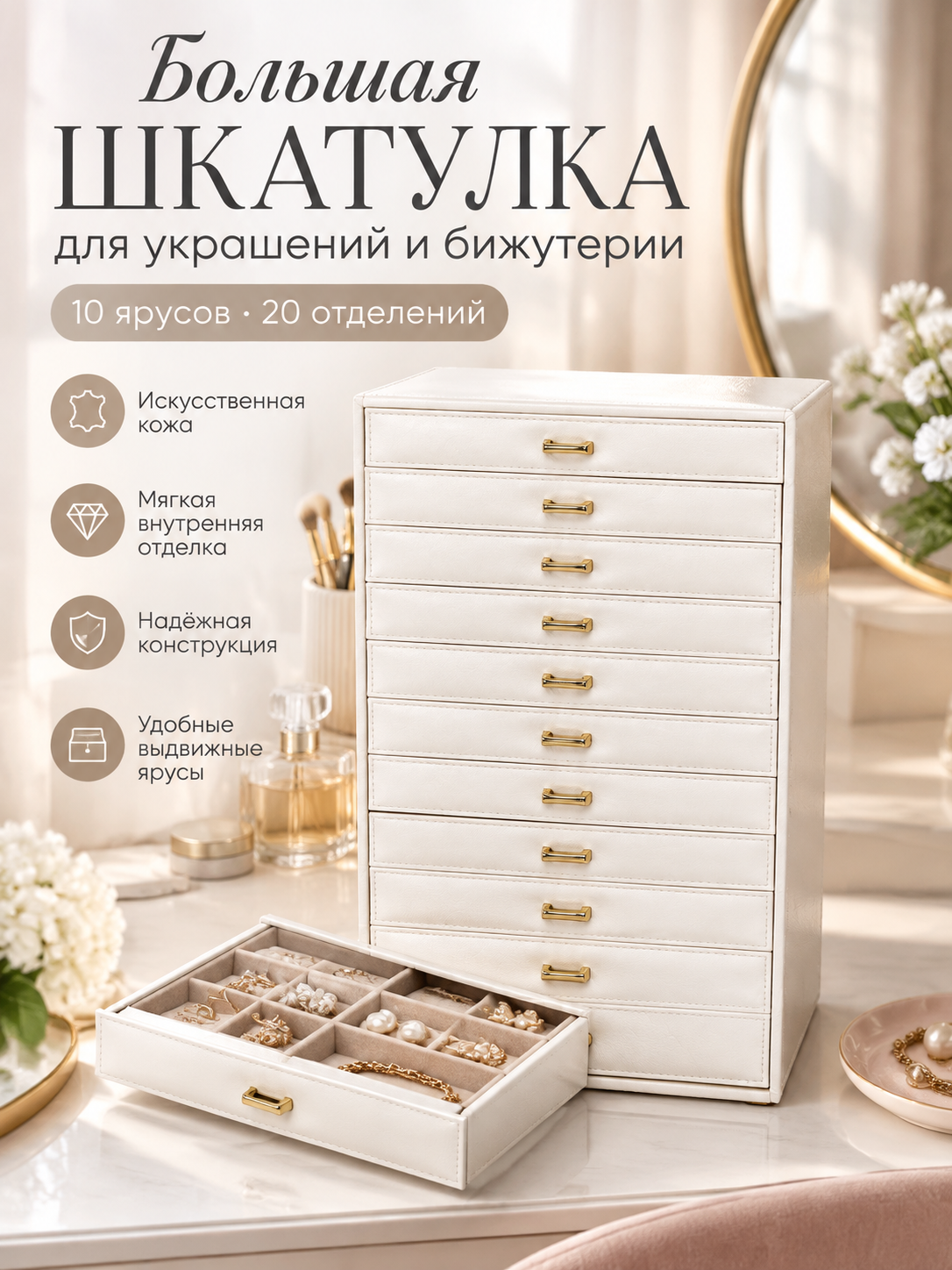 Большая шкатулка из искусственной кожи для украшений и бижутерии, 10 ярусов, 20 отделений, белая