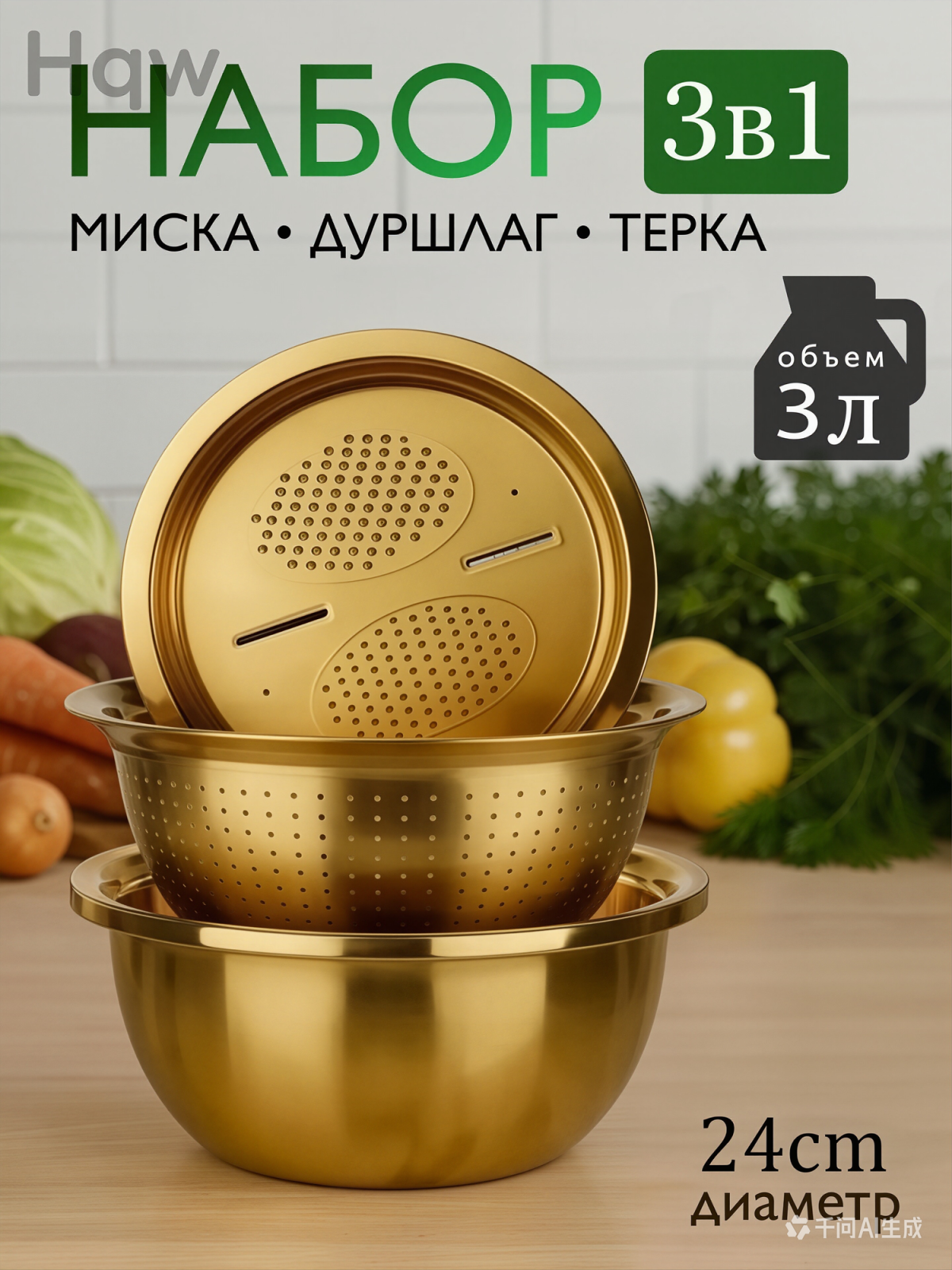 Набор для кухни 3 в 1: миска 3 л, дуршлаг и терка, нержавеющая сталь, золотой цвет, 24 см