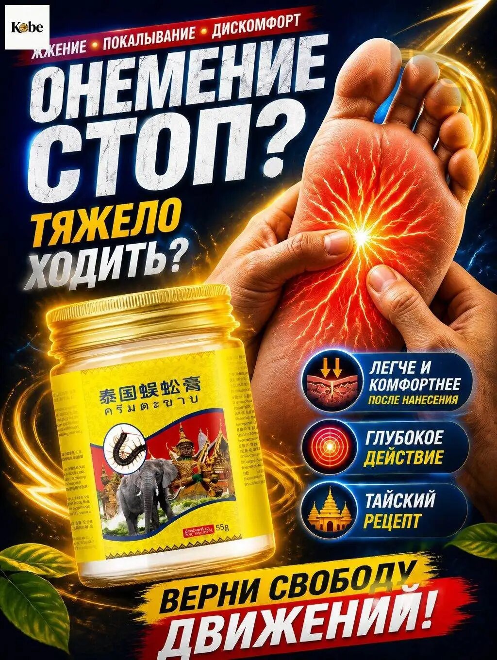 Крем от боли в седалищном нерве, для поясницы и суставов Обезболивающий, согревающий, при артрите и радикулите 55 мл/коробка