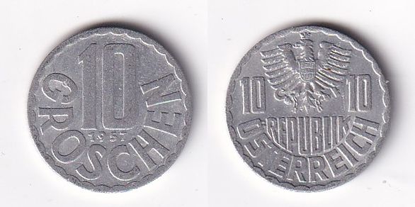 Австрия 10 грошей 1957 год