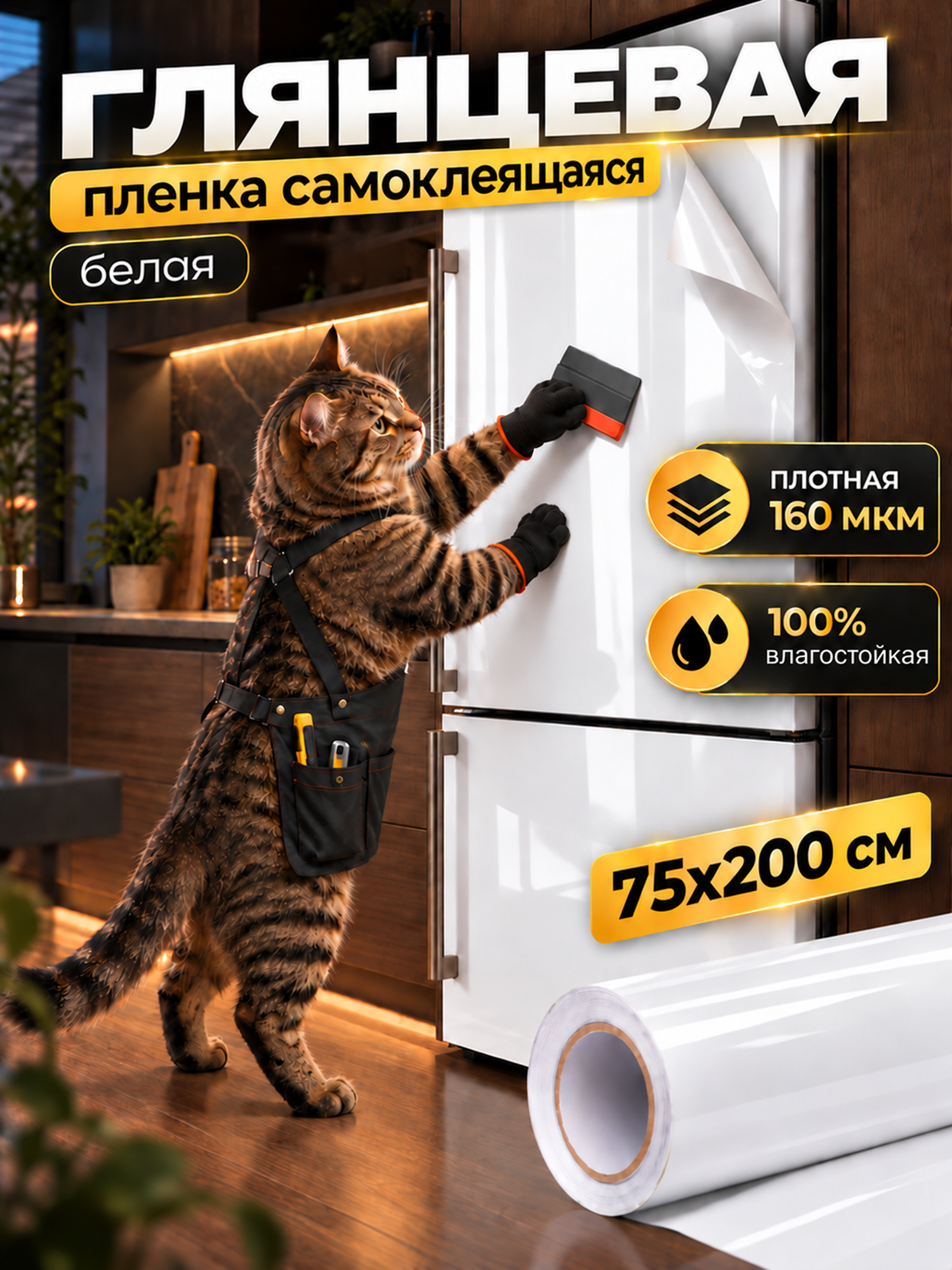 Пленка самоклеющаяся для мебели Reton Group белая глянцевая, пленка для столешницы и стола, 75х200 см, пленка на холодильник