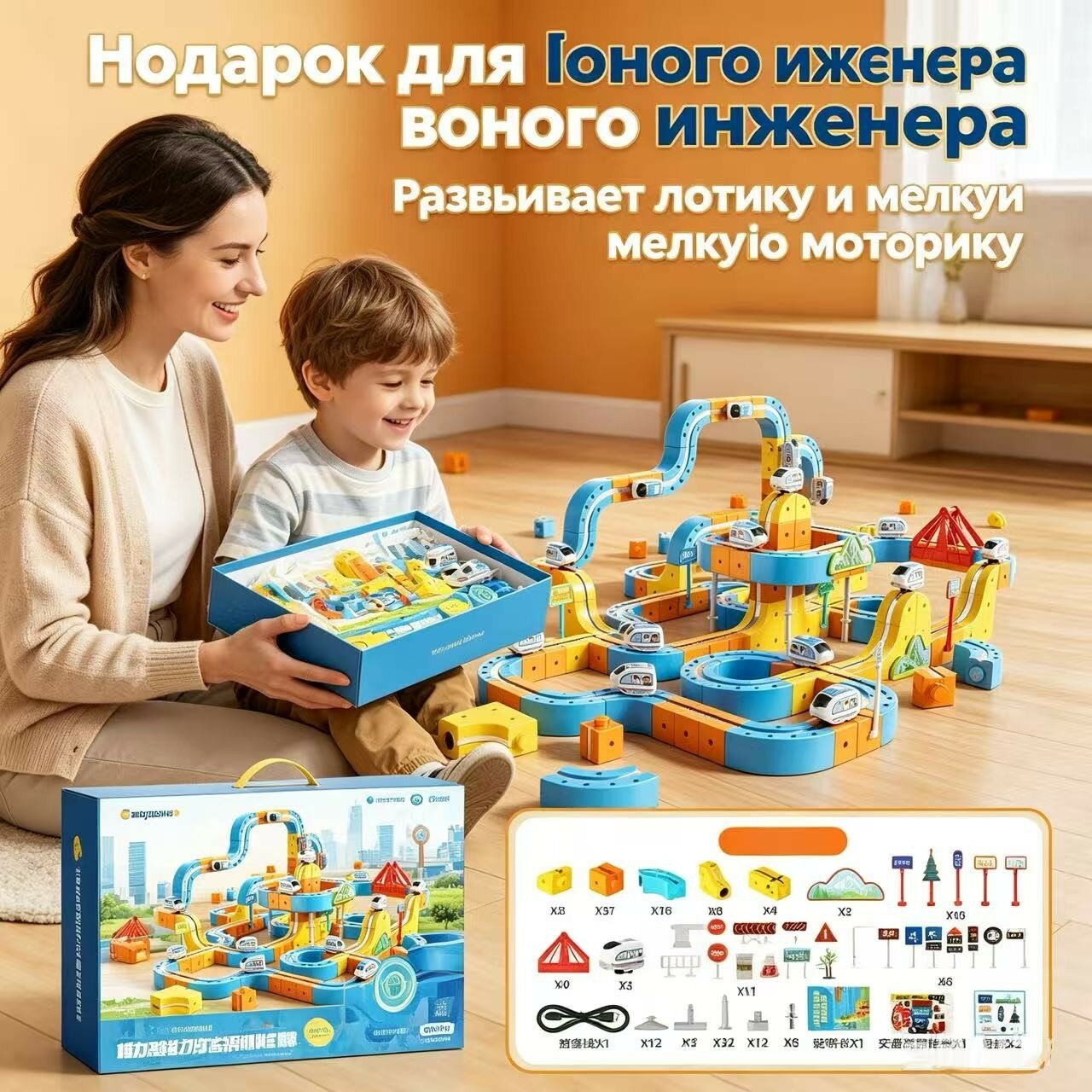Магнитный конструктор-поезд с рельсами, 105 деталей, розовый, Игрушка из ABS пластика, Развивающая игрушка для детей