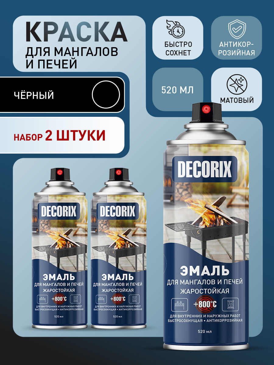 Краска для мангалов термостойкая +800 градусов в баллончике DECORIX - огнеупорная краска для мангалов и печей аэрозольная, матовая, графитовый черный 520 мл - комплект 2 шт