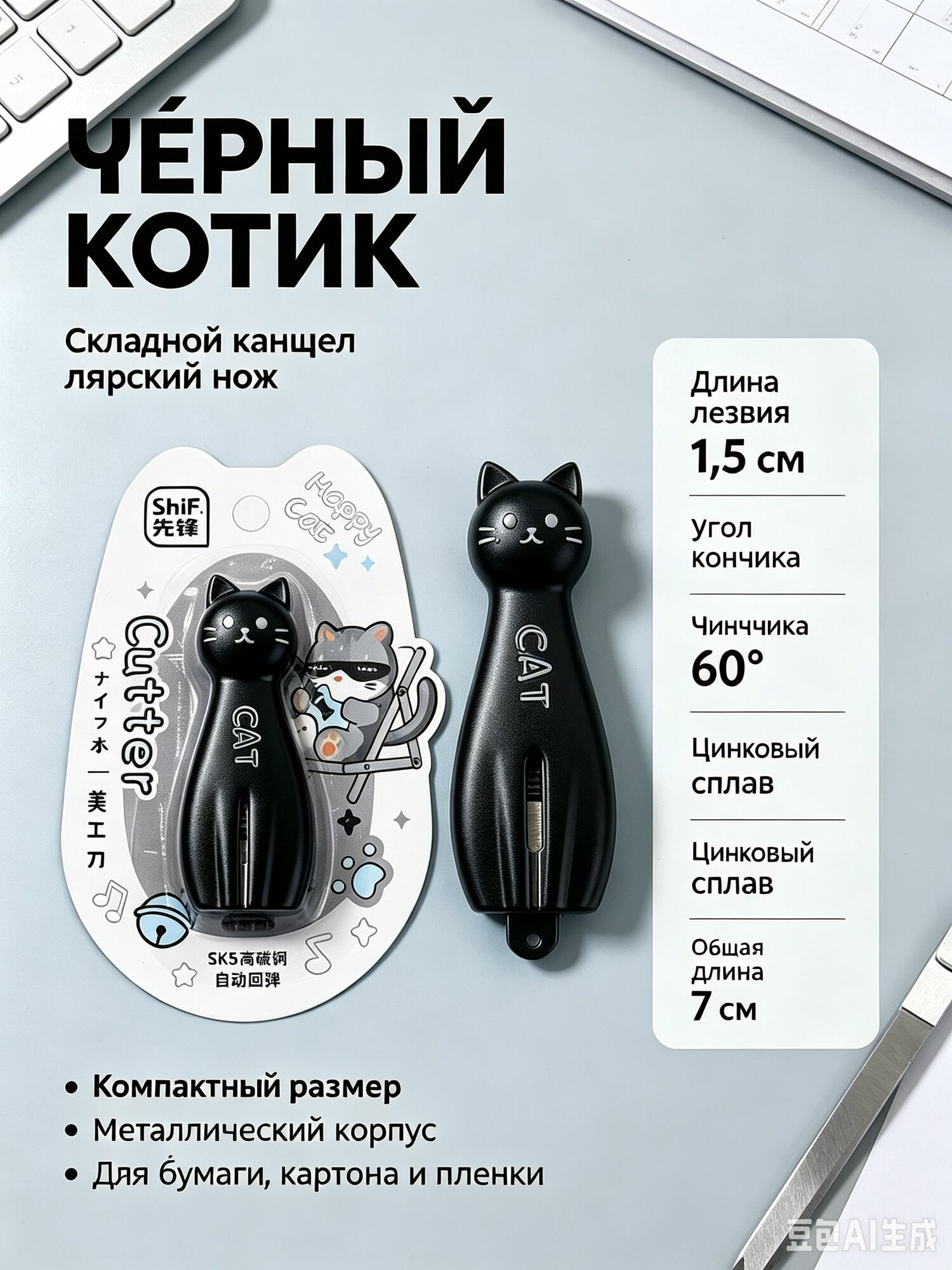 Мини канцелярский нож в форме черного кота, корпус из цинкового сплава