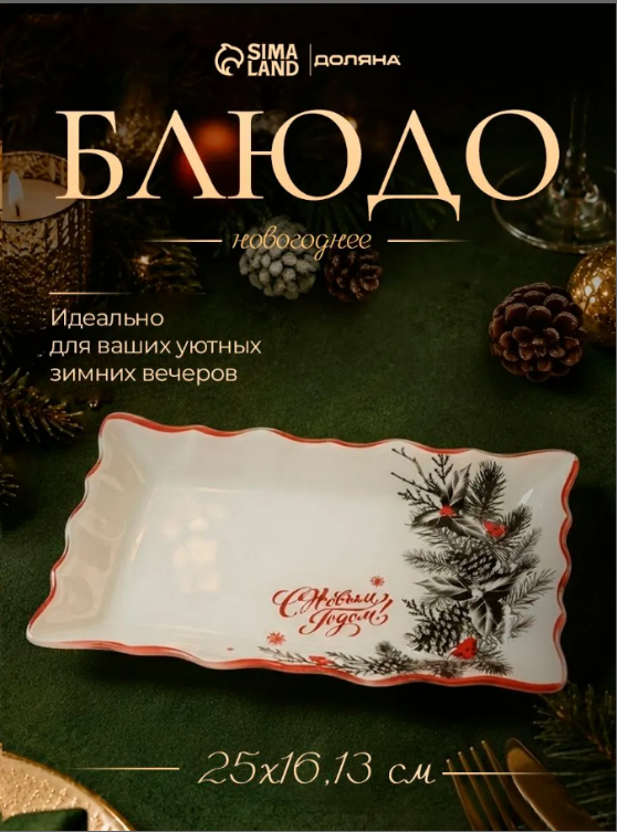 Блюдо сервировочное прямоугольное "С новым годом", 25х16,3х1,8 см