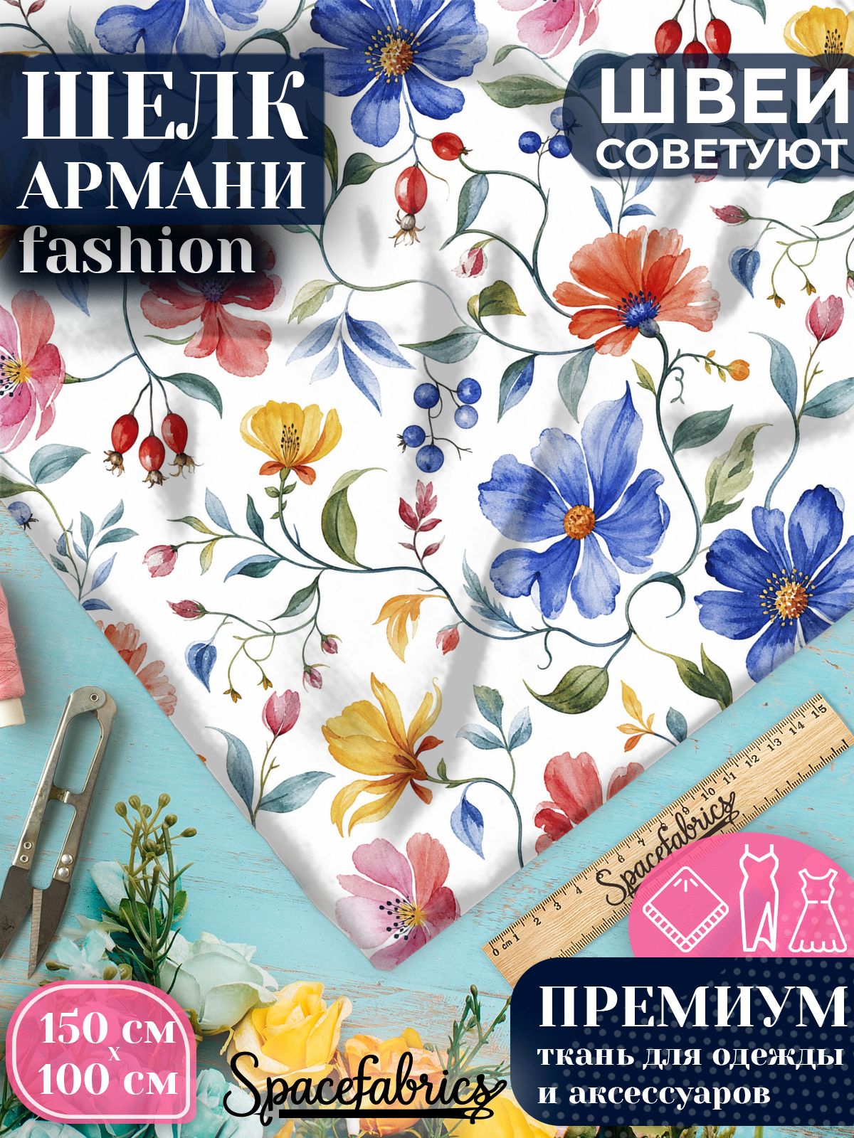 Ткань для шитья шелк Армани, искусственный атлас шелк для костюмов, платьев, юбок с принтом Полевые вьюнки