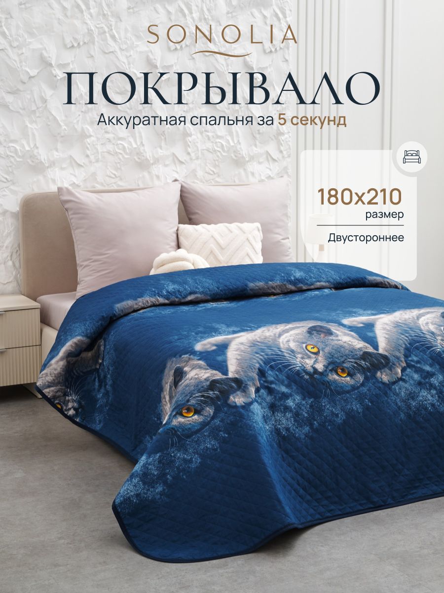 SONOLIA Покрывало 180x210 см полисатин двусторонний, стёганый кот, котёнок синий