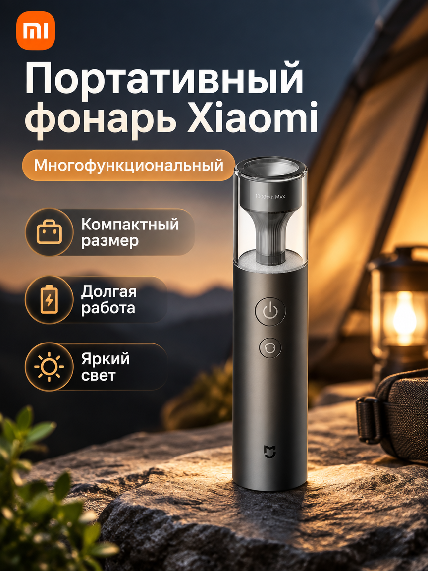 XIAOMIПортативный светодиодный фонарь черный IP65 водонепроницаемый с USB зарядкой для кемпинга и дома