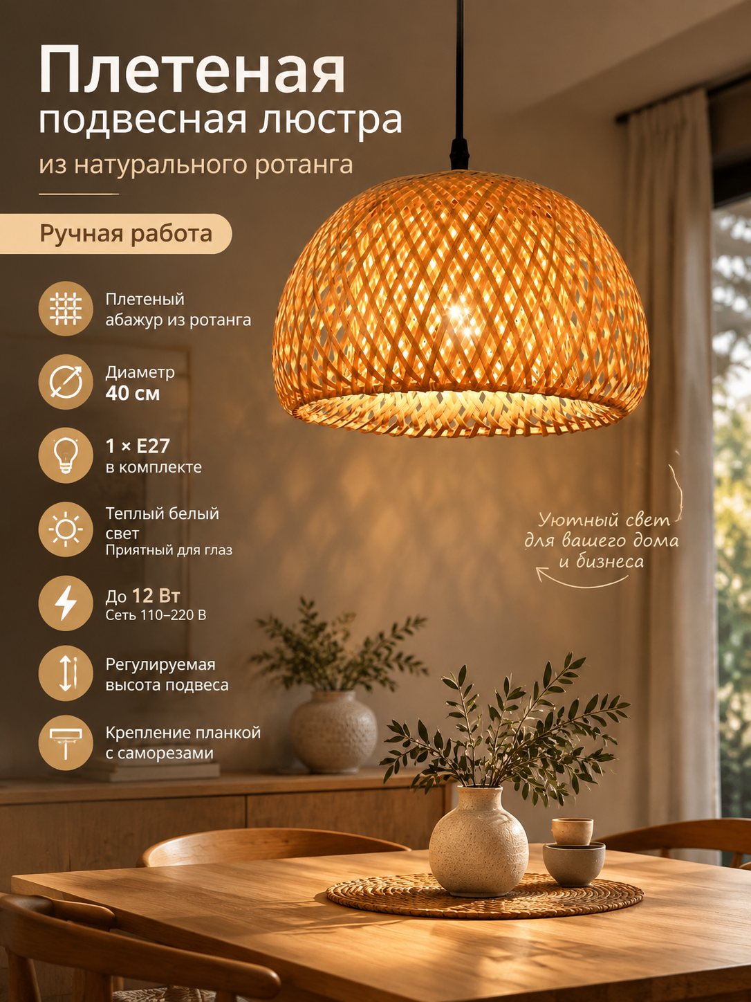 Плетеная подвесная люстра из ротанга, купол-полусфера, E27, теплый белый свет, 40 см