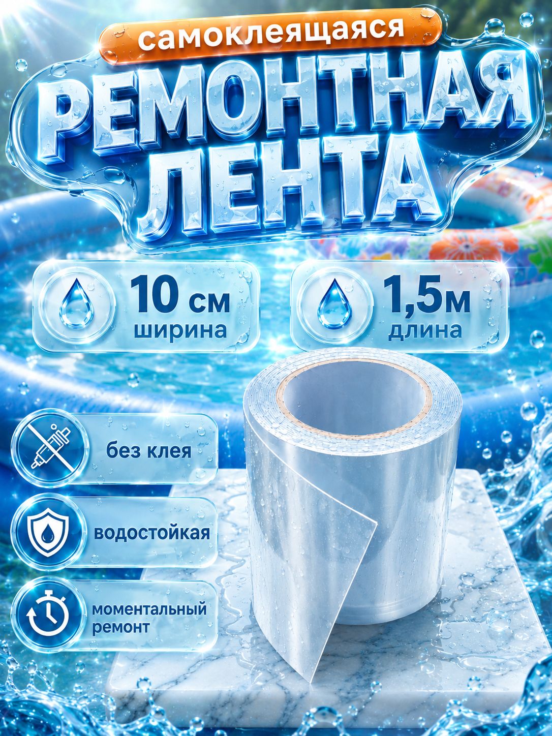 Клейкая лента прозрачная, заплатка для бассейна 1,5м