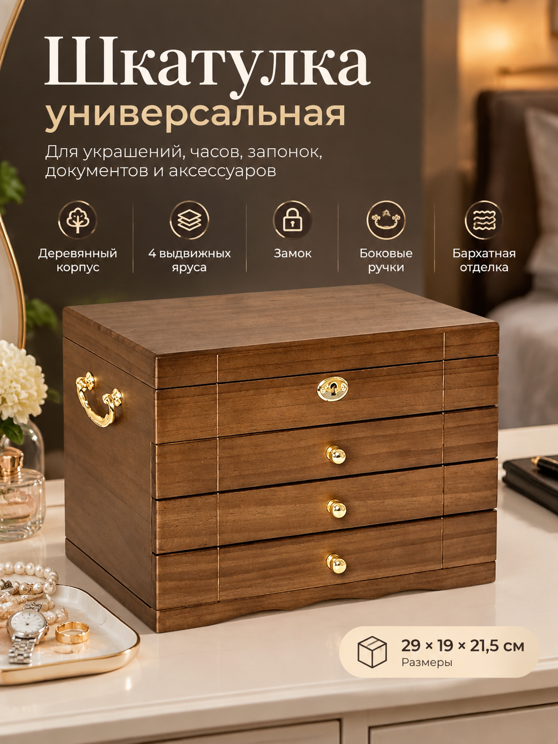 Шкатулка универсальная деревянная с 4 ярусами, бархатной отделкой и замком, 29х19х21.5 см