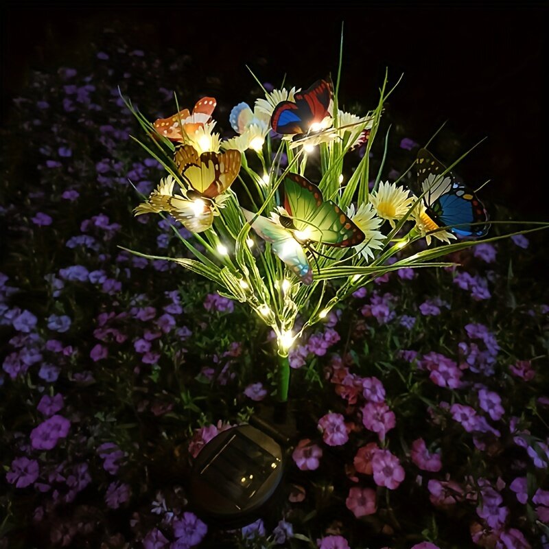 Солнечный садовый светильник 42 LED с датчиком движения, дизайн 7 бабочек и белые цветы, всепогодный пластиковый корпус, установка в грунт для газонов, дорожек и клумб