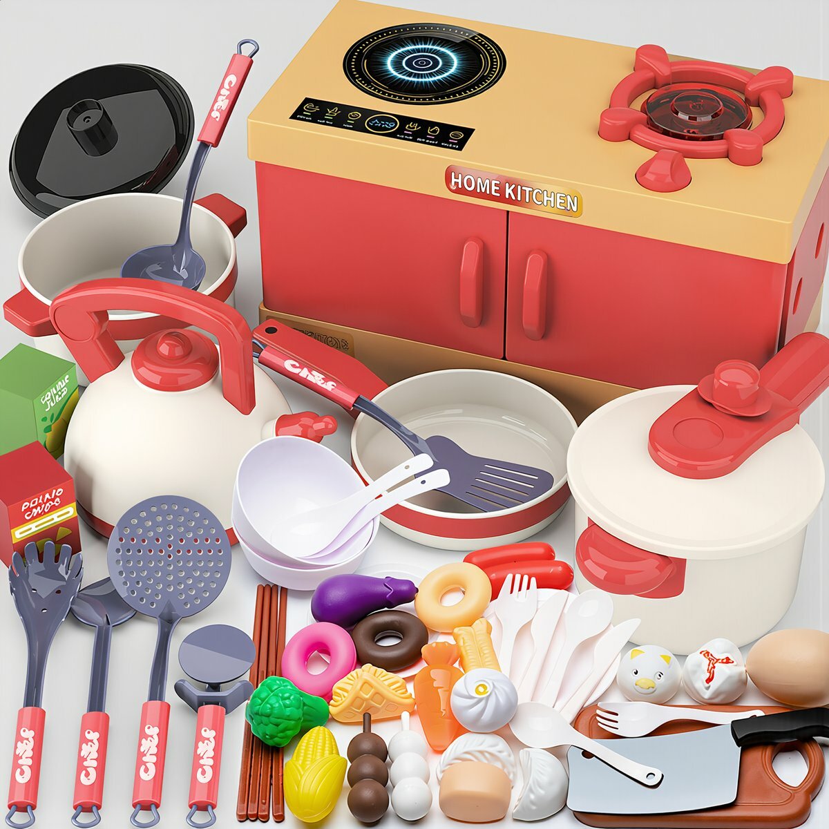Игровая детская кухня компактный набор 33 предмета красный для размещения в маленькой детской комнате при игре дома, Красная имитационная кухонная плита, набор из 56 предметов