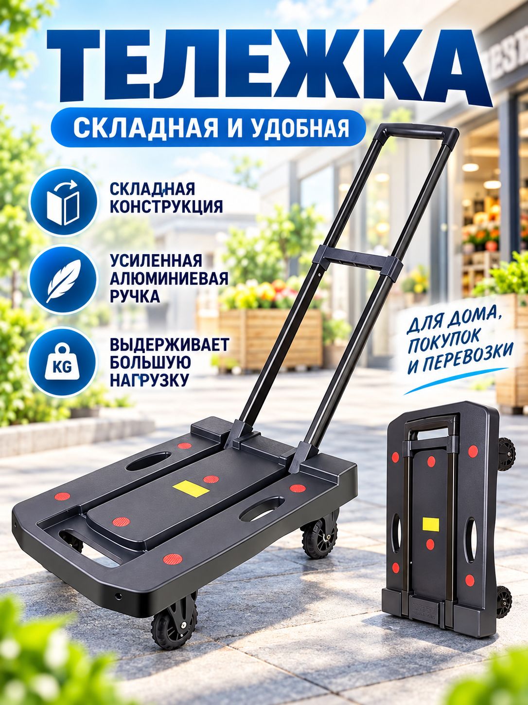 Тележка складная на колёсах с усиленной алюминиевой ручкой, выдерживает большую нагрузку для дома и покупок