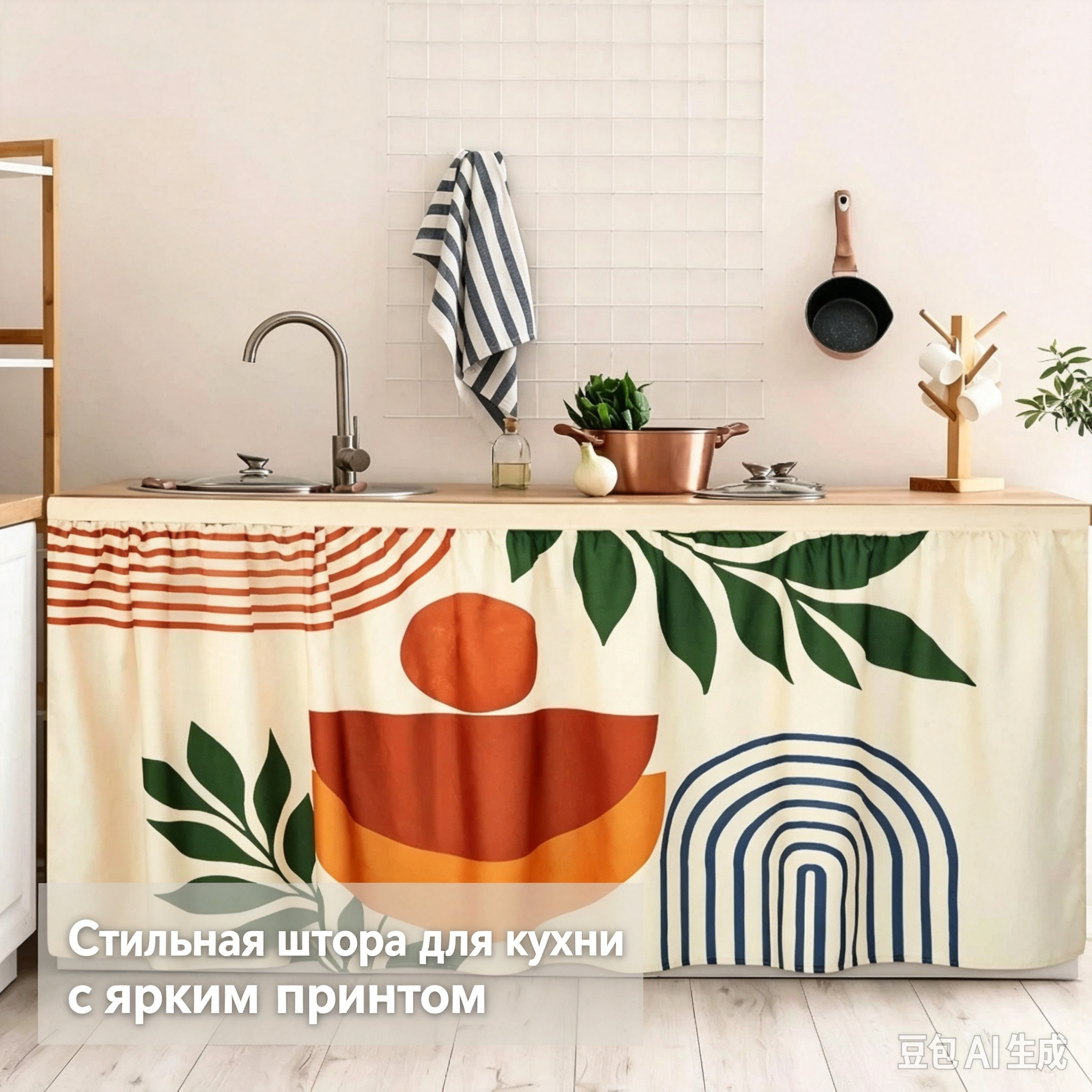 Декоративная юбка для раковины в кухне и ванной комнате с богемным растительно-цветочным принтомпылезащитная шторка.