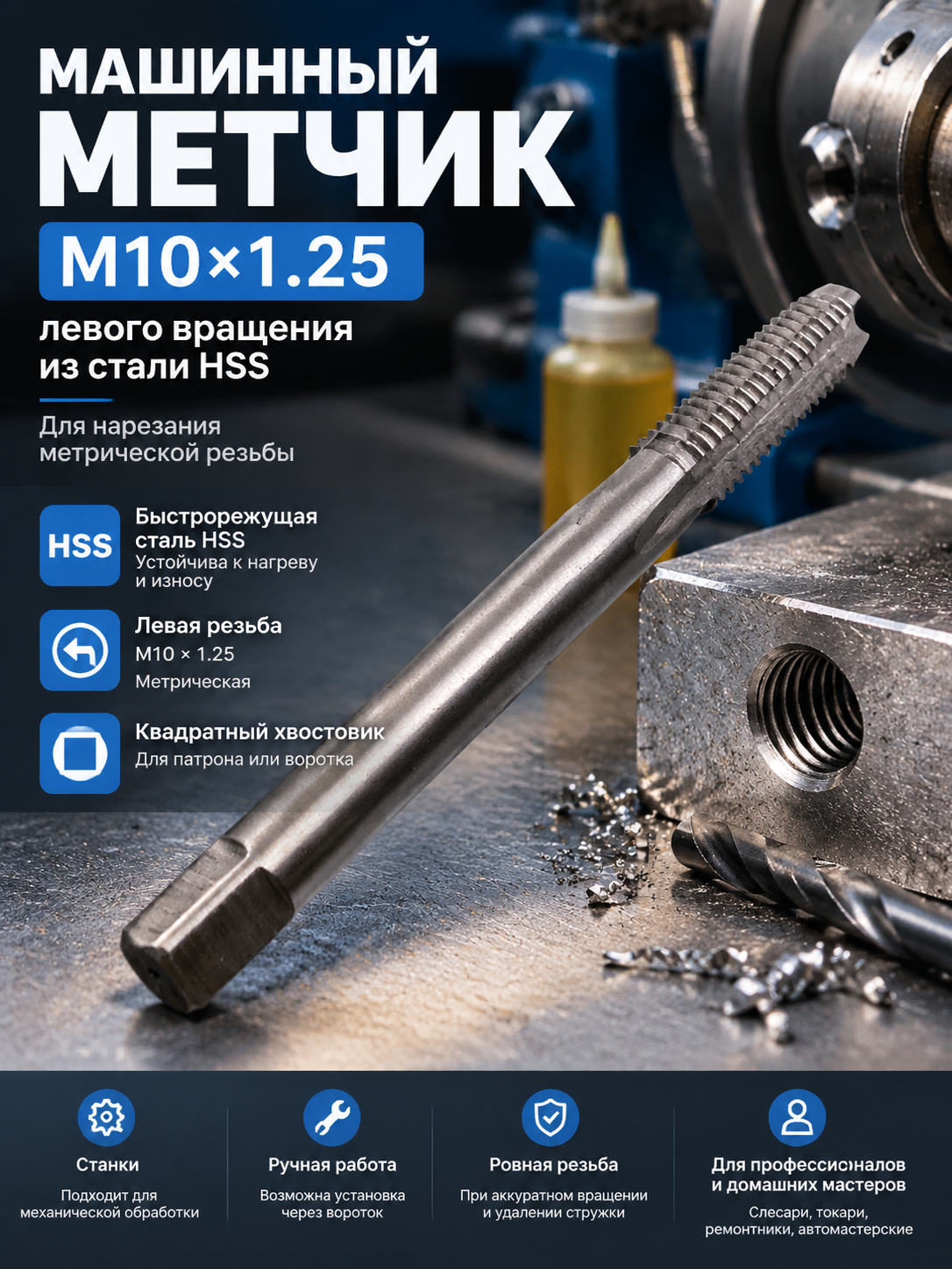 Машинный метчик М10×1.25 левого вращения из стали HSS для нарезания метрической резьбы