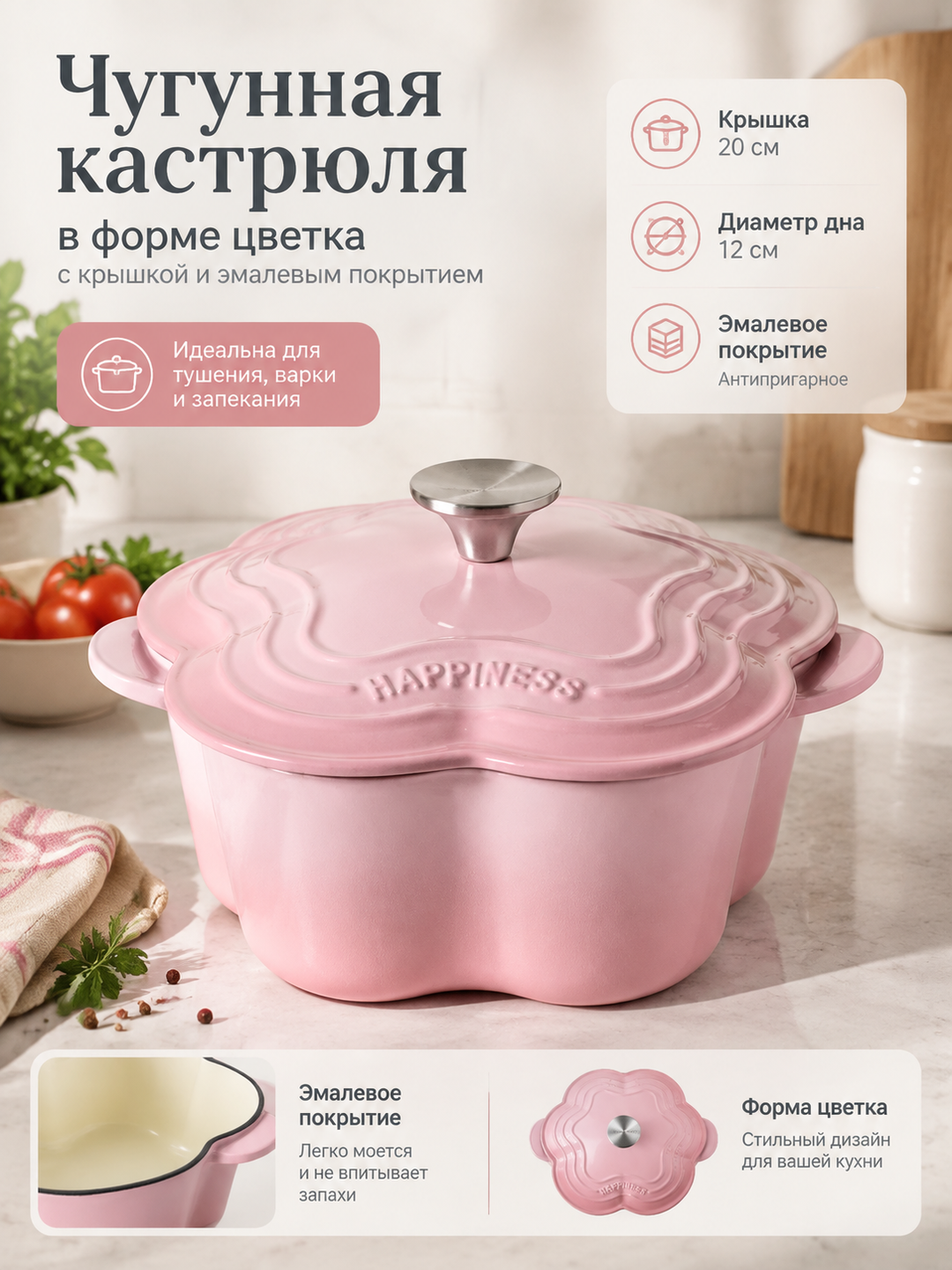 Чугунная кастрюля в форме цветка с крышкой 20 см и эмалевым покрытием