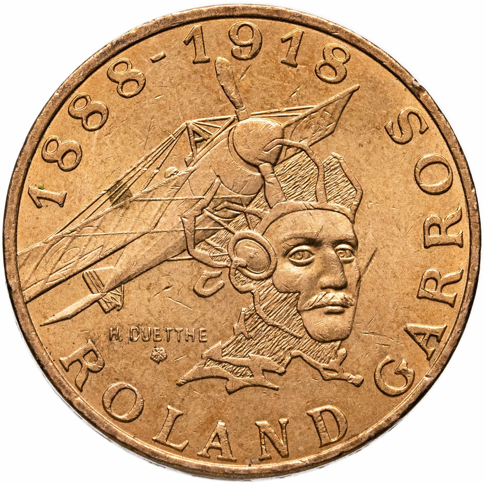 Франция 10 франков francs 1988 "100 лет со дня рождения Ролана Гарроса", Латунь, в сохранности XF