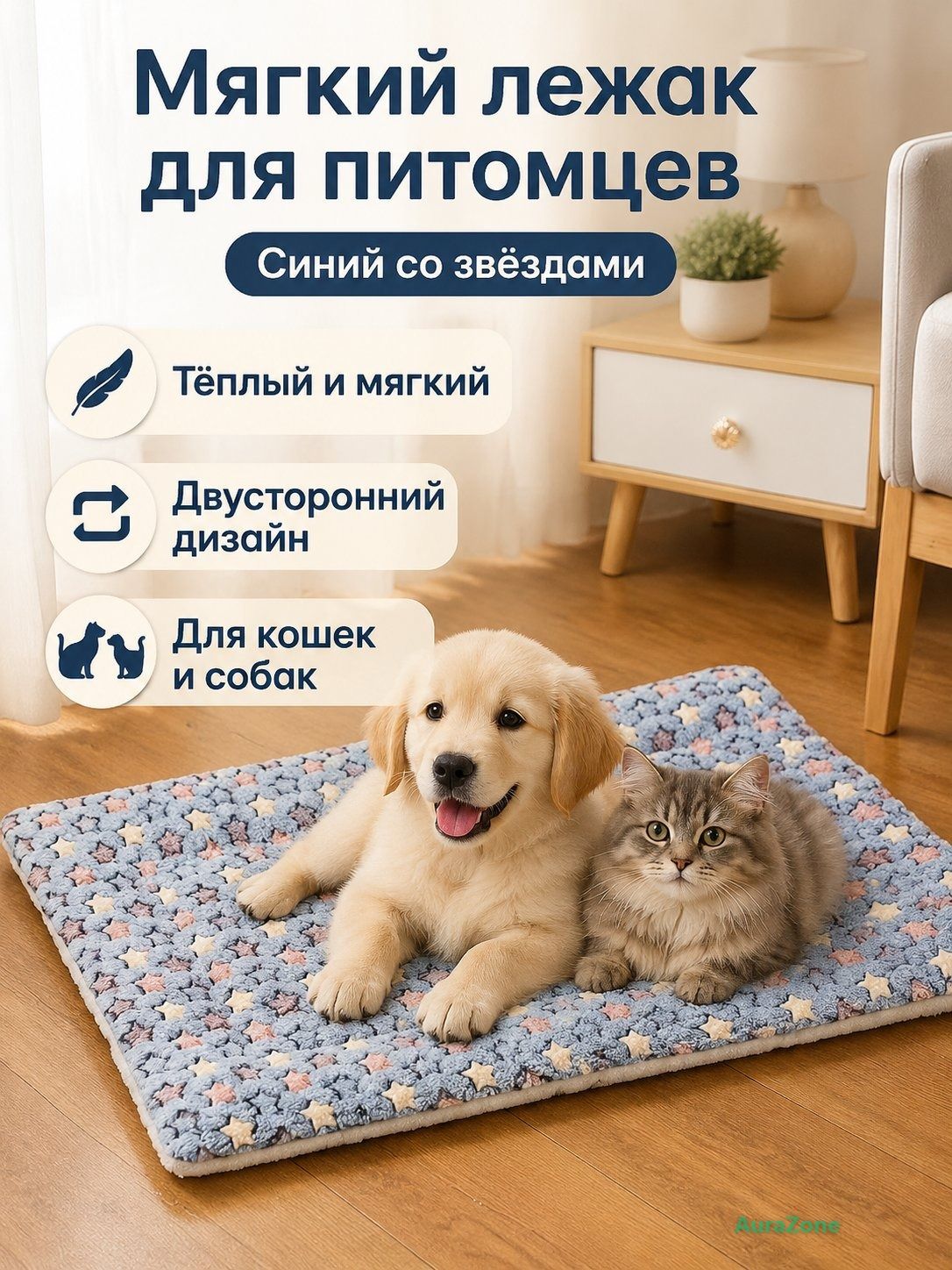 Лежанка для питомца 49x32 см, синяя со звёздным небом, утеплённая, из мягкого флиса