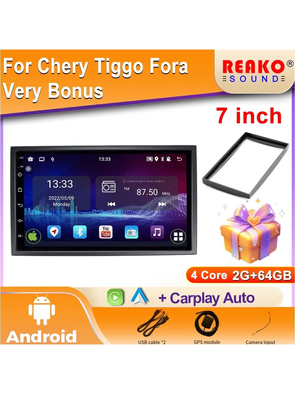 Автомагнитола REAKOSOUND 2 DIN 7 дюймов 2/64 ГБ Android с CarPlay