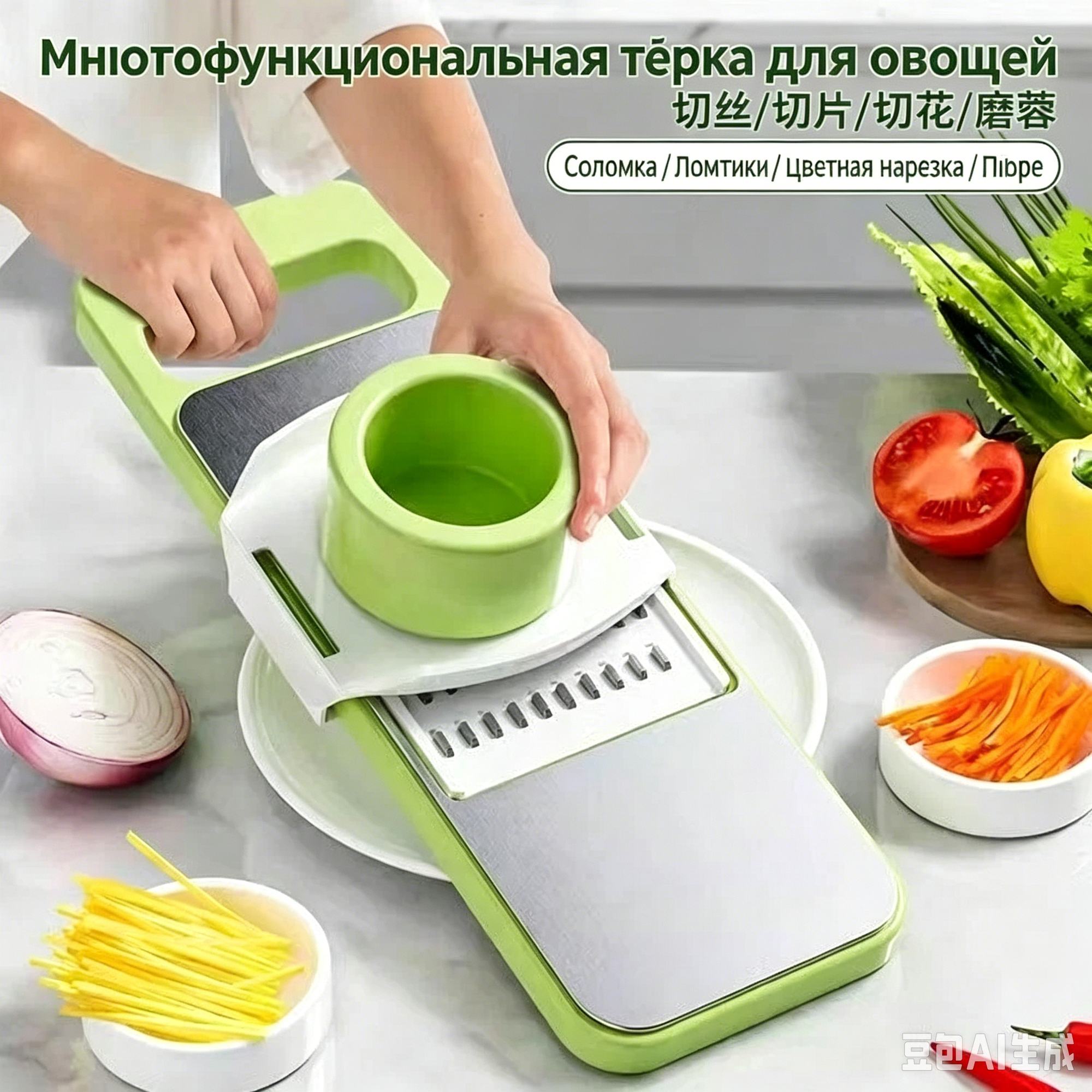 Ножовка для овощей из нержавеющей стали многофункциональная, мятно-зеленый, комплект из 6 предметов, упаковка в пакет