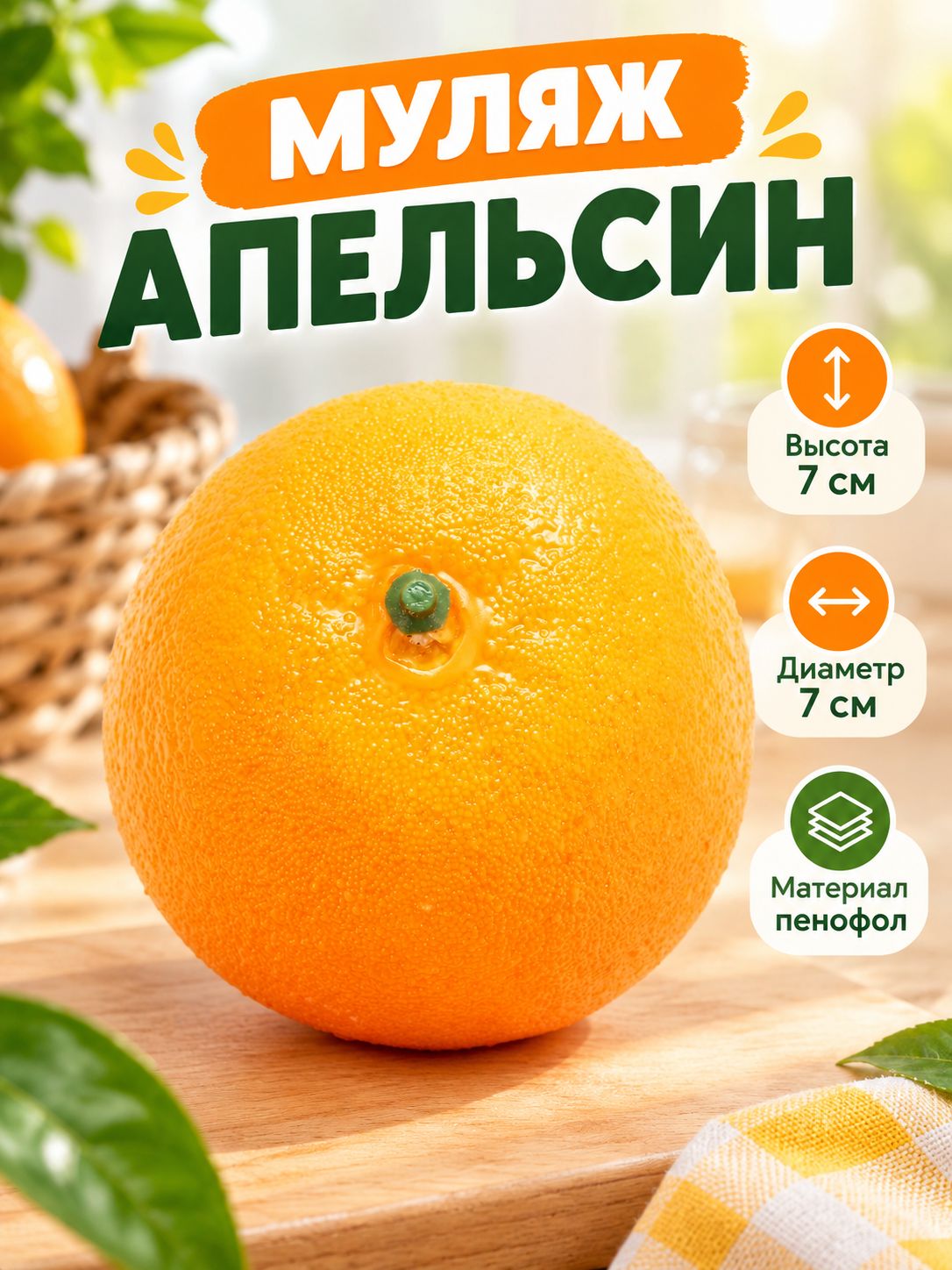 Апельсин искусственный желтый 7 см