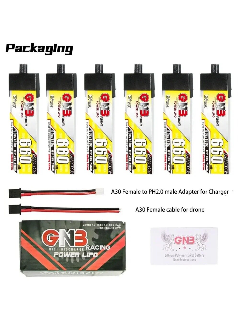 Аккумулятор GNB 660mAh 1S 3.8V 90C LiPo Battery with PH2.0/A30 Plug