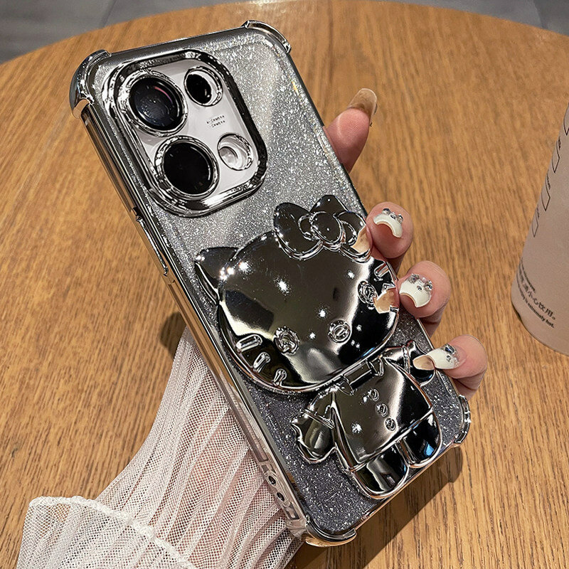 Чехол с зеркалом KT Cat и защитой 4 углов для OPPO Reno10, Глиттер, Серебро