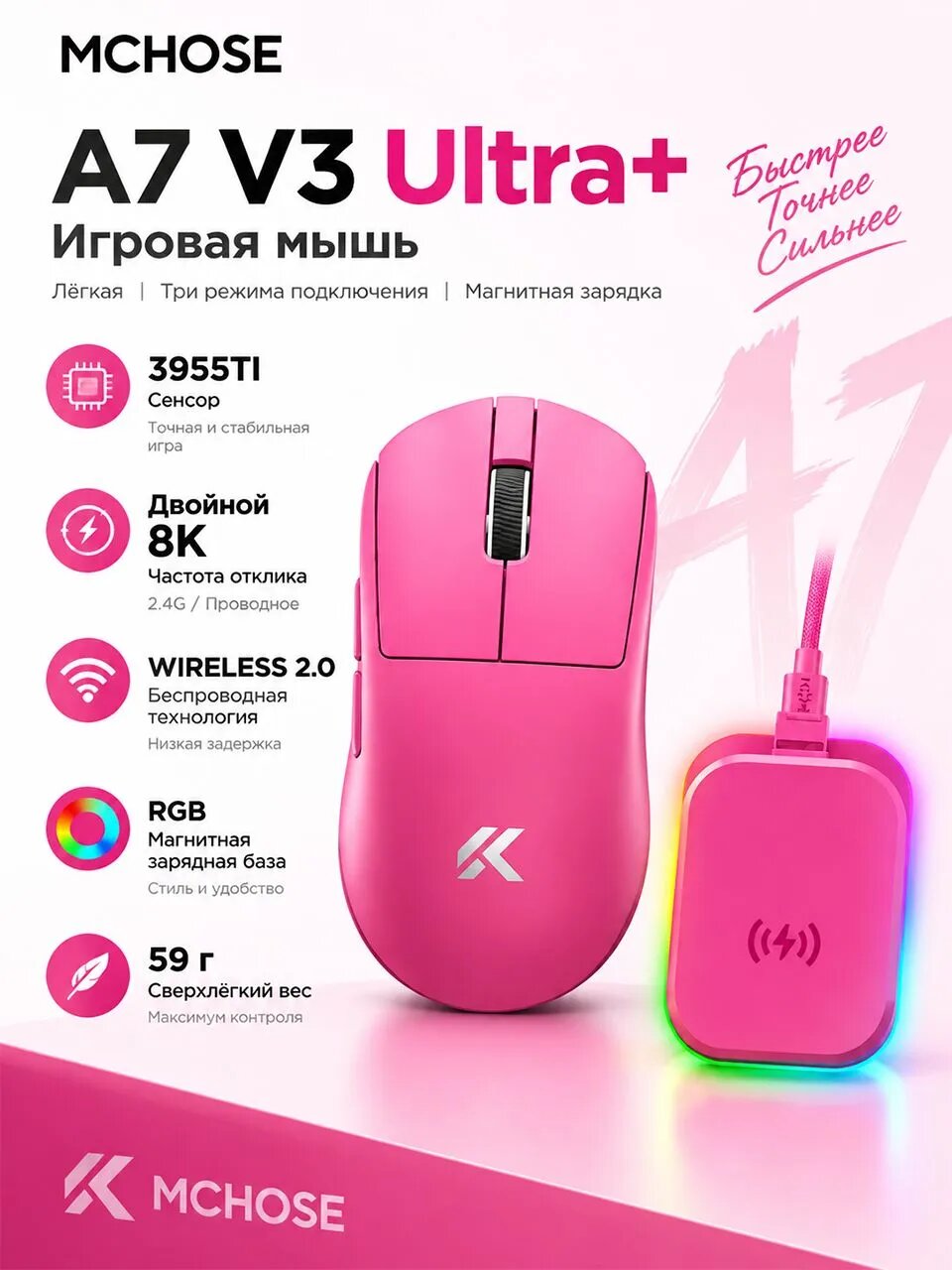 MCHOSE A7 V3 Ultra+ Беспроводная ультралегкая игровая мышь с флагманским сенсором PAW3955 TI, двойной 8K опрос, 59 г