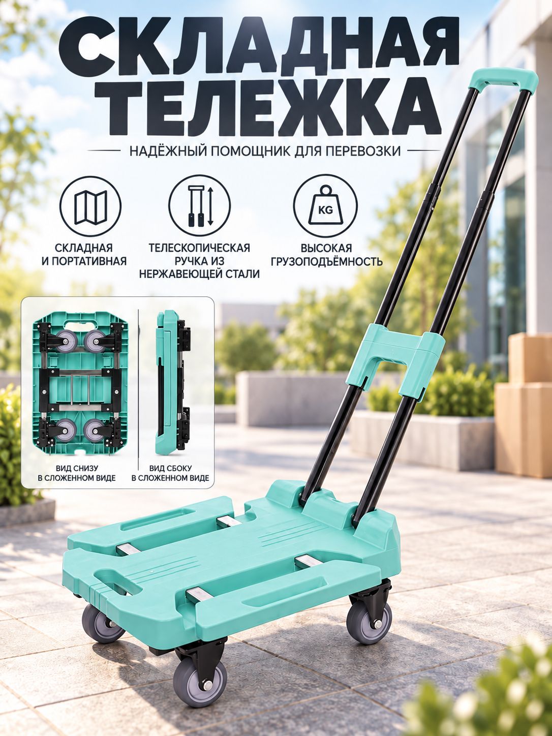 Складная тележка портативная, тачка из нержавеющей стали на колёсах для транспортировки вещей и коробок