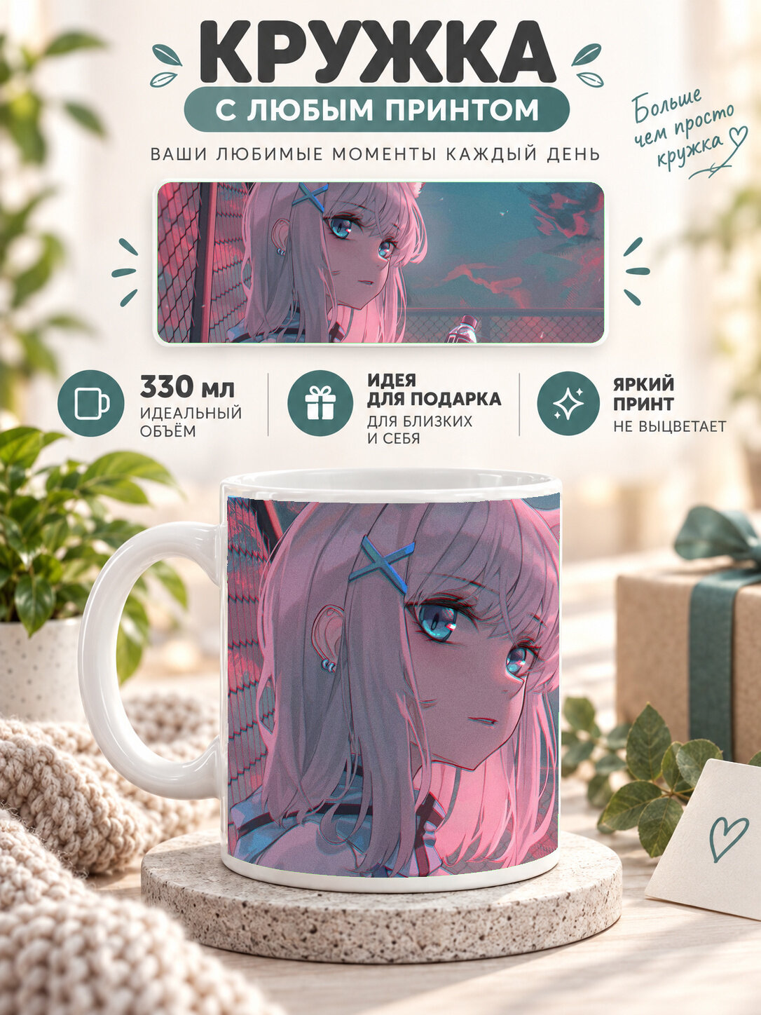 Кружка для чая и кофе MoodRoom, 330 мл, керамическая глянцевая, белая с принтом Shiroko Blue Archive, UG33015923