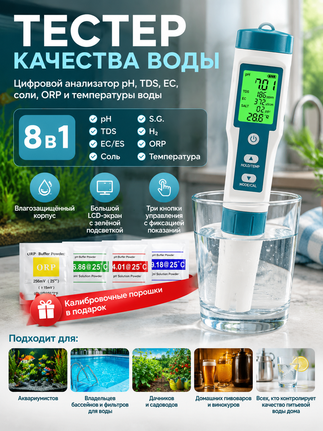 Тестер качества воды 8 в 1: цифровой анализатор pH, TDS, EC, соли, ORP и температуры воды