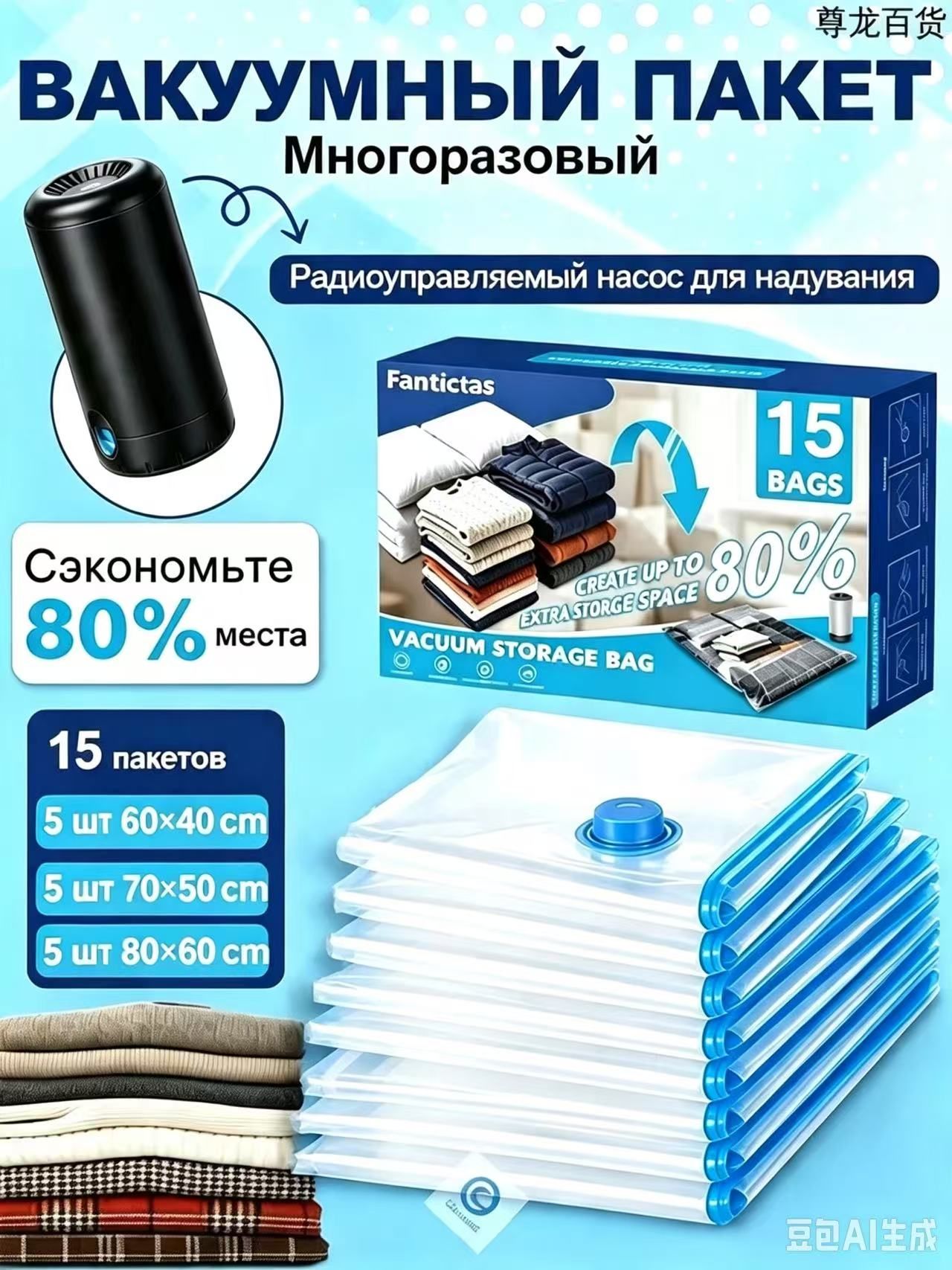 Вакуумные пакеты 15 шт с электрическим насосом, размеры 60х40,70х50,80х60 см, многократные вакуумные пакеты для одежды и одеял, экономия места до 80%