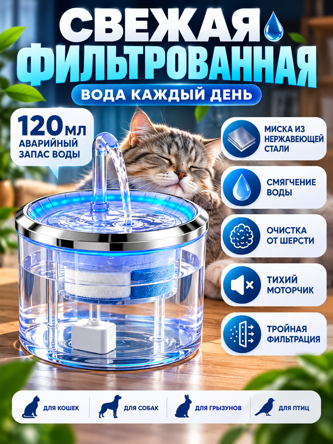 Поилка для кошек и собак / Автопоилка / Электро поилка фонтан / Фонтан поилка автоматическая /